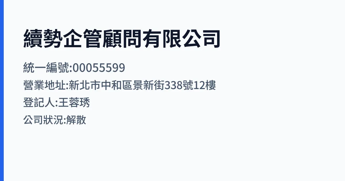 續勢企管顧問有限公司 - 統編 00055599(新北市) 公司登記資料與營業項目詳細圖表
