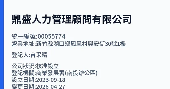 鼎盛人力管理顧問有限公司的照片-統編 00055774(新竹縣) 公司登記資料與營業項目詳細圖表