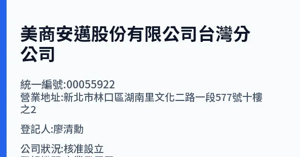 美商安邁股份有限公司台灣分公司的照片-統編 00055922(新北市) 公司登記資料與營業項目詳細圖表