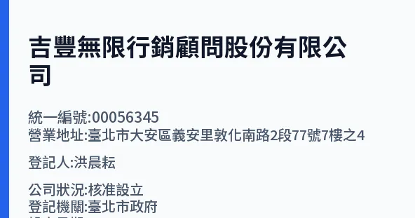 吉豐無限行銷顧問股份有限公司的照片-統編 00056345(臺北市) 公司登記資料與營業項目詳細圖表