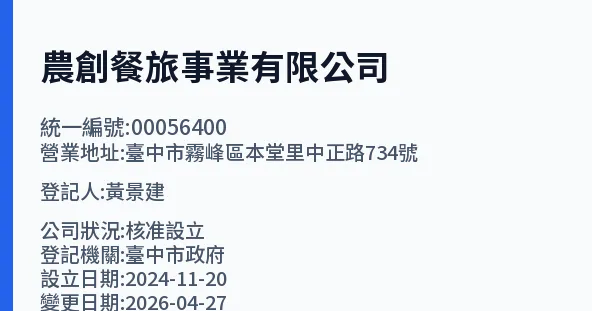 農創餐旅事業有限公司的照片-統編 00056400(臺中市) 公司登記資料與營業項目詳細圖表