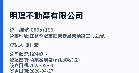 明理不動產有限公司的照片-統編 00057196(宜蘭縣) 公司登記資料與營業項目詳細圖表