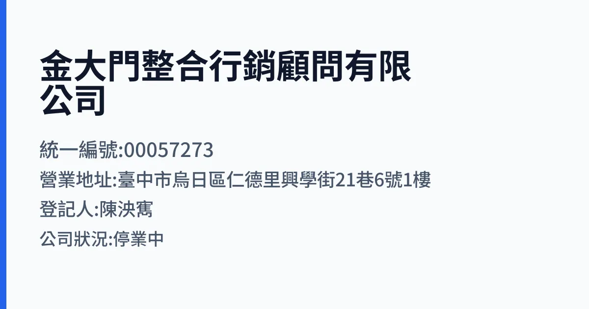 金大門整合行銷顧問有限公司 - 統編 00057273(臺中市) 公司登記資料與營業項目詳細圖表