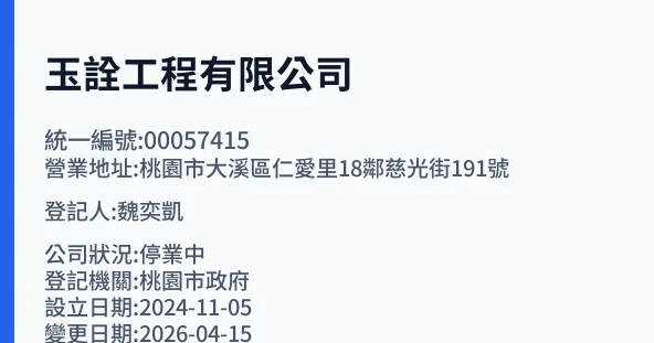 玉詮工程有限公司的照片-統編 00057415(桃園市) 公司登記資料與營業項目詳細圖表