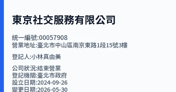 東京社交服務有限公司的照片-統編 00057908(臺北市) 公司登記資料與營業項目詳細圖表