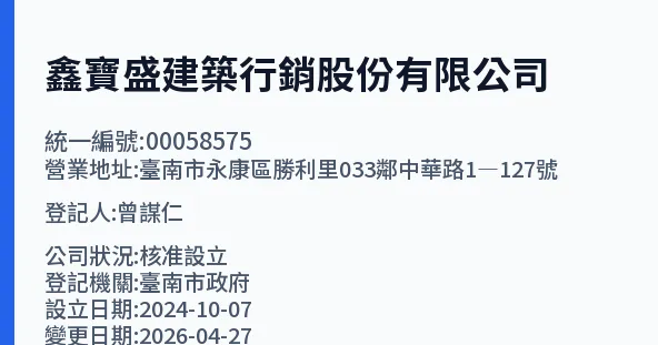 鑫寶盛建築行銷股份有限公司的照片-統編 00058575(臺南市) 公司登記資料與營業項目詳細圖表