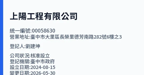 上陽工程有限公司的照片-統編 00058630(臺中市) 公司登記資料與營業項目詳細圖表