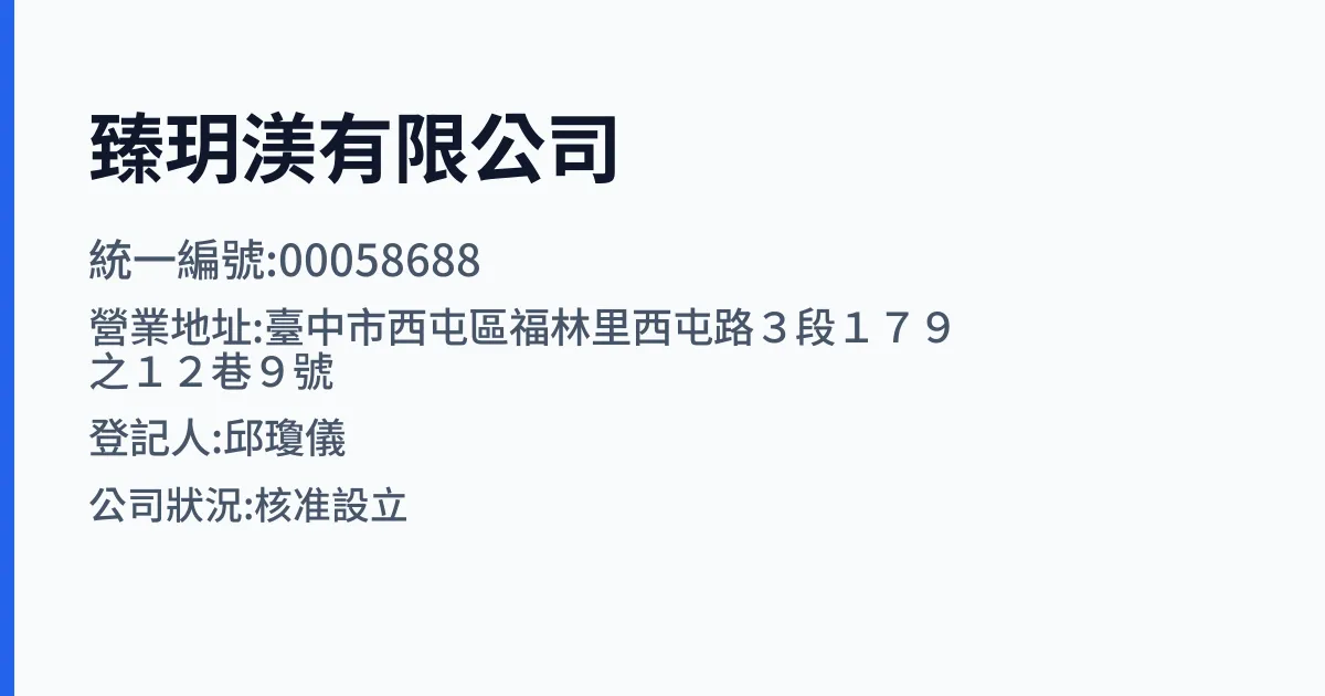 臻玥渼有限公司 - 統編 00058688(臺中市) 公司登記資料與營業項目詳細圖表