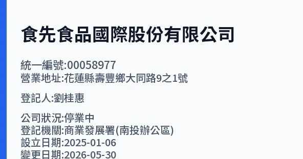 食先食品國際股份有限公司的照片-統編 00058977(花蓮縣) 公司登記資料與營業項目詳細圖表