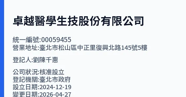 卓越醫學生技股份有限公司的照片-統編 00059455(臺北市) 公司登記資料與營業項目詳細圖表