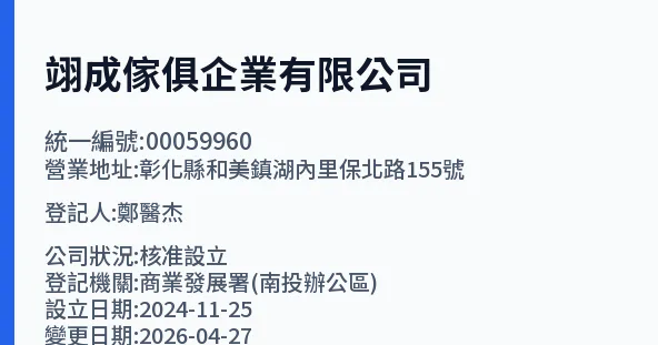 翊成傢俱企業有限公司的照片-統編 00059960(彰化縣) 公司登記資料與營業項目詳細圖表