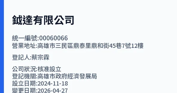 鉞達有限公司的照片-統編 00060066(高雄市) 公司登記資料與營業項目詳細圖表