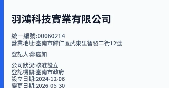 羽鴻科技實業有限公司的照片-統編 00060214(臺南市) 公司登記資料與營業項目詳細圖表