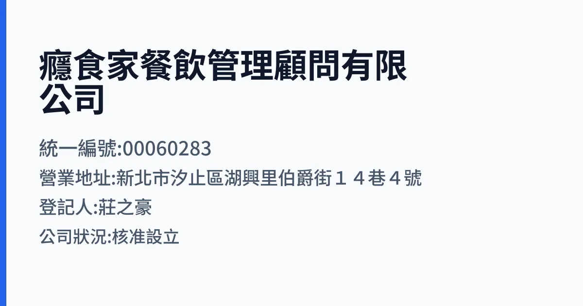 癮食家餐飲管理顧問有限公司 - 統編 00060283(新北市) 公司登記資料與營業項目詳細圖表