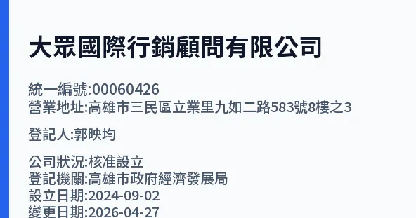 大眾國際行銷顧問有限公司的照片-統編 00060426(高雄市) 公司登記資料與營業項目詳細圖表