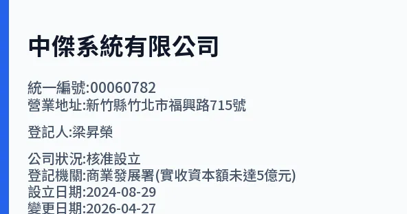 中傑系統有限公司的照片-統編 00060782(新竹縣) 公司登記資料與營業項目詳細圖表