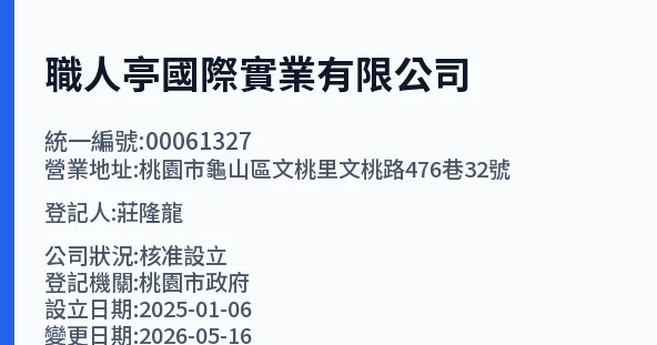 職人亭國際實業有限公司的照片-統編 00061327(桃園市) 公司登記資料與營業項目詳細圖表