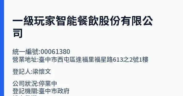 一級玩家智能餐飲股份有限公司的照片-統編 00061380(臺中市) 公司登記資料與營業項目詳細圖表