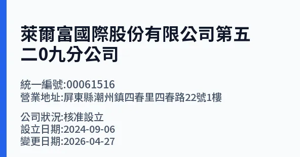 萊爾富國際股份有限公司第五二0九分公司的照片-統編 00061516(屏東縣) 公司登記資料與營業項目詳細圖表