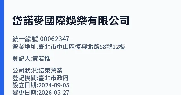 岱諾麥國際娛樂有限公司的照片-統編 00062347(臺北市) 公司登記資料與營業項目詳細圖表