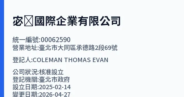 宓亜國際企業有限公司的照片-統編 00062590(臺北市) 公司登記資料與營業項目詳細圖表
