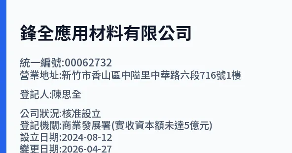 鋒全應用材料有限公司的照片-統編 00062732(新竹市) 公司登記資料與營業項目詳細圖表