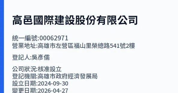 高邑國際建設股份有限公司的照片-統編 00062971(高雄市) 公司登記資料與營業項目詳細圖表