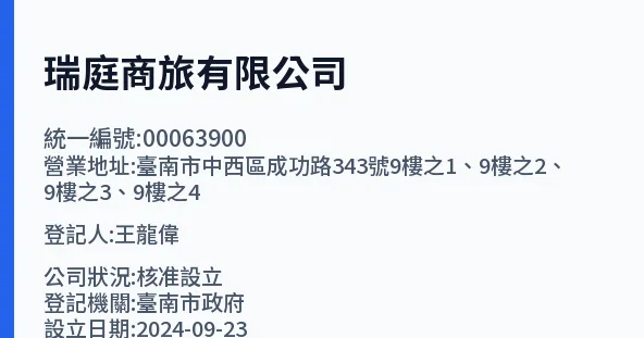 瑞庭商旅有限公司的照片-統編 00063900(臺南市) 公司登記資料與營業項目詳細圖表