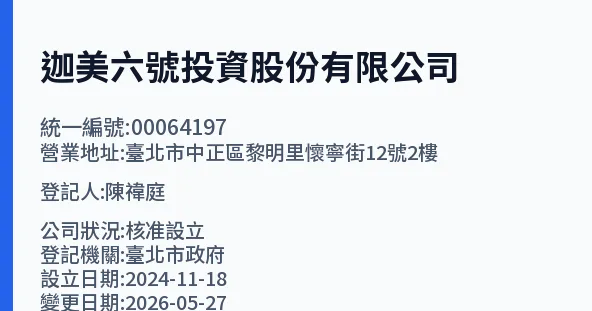 迦美六號投資股份有限公司的照片-統編 00064197(臺北市) 公司登記資料與營業項目詳細圖表