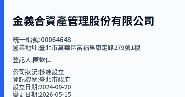 金義合資產管理股份有限公司的照片-統編 00064648(臺北市) 公司登記資料與營業項目詳細圖表