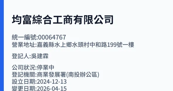 均富綜合工商有限公司的照片-統編 00064767(嘉義縣) 公司登記資料與營業項目詳細圖表