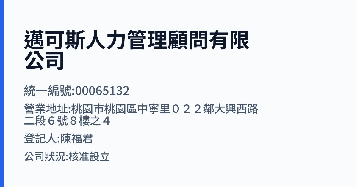 邁可斯人力管理顧問有限公司 - 統編 00065132(臺南市) 公司登記資料與營業項目詳細圖表