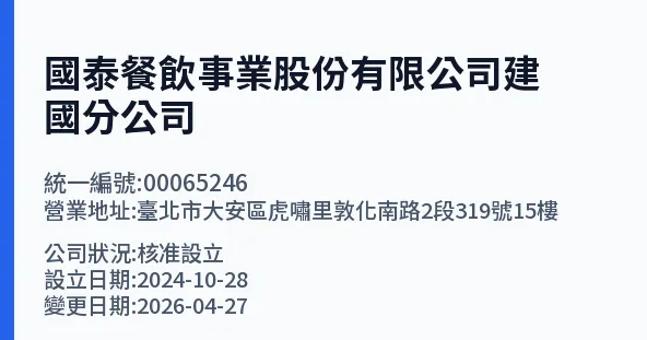 國泰餐飲事業股份有限公司建國分公司的照片-統編 00065246(臺北市) 公司登記資料與營業項目詳細圖表
