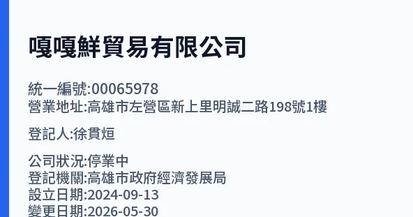 嘎嘎鮮貿易有限公司的照片-統編 00065978(高雄市) 公司登記資料與營業項目詳細圖表