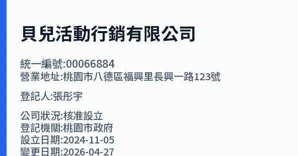 貝兒活動行銷有限公司的照片-統編 00066884(桃園市) 公司登記資料與營業項目詳細圖表