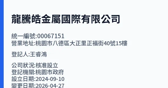龍騰皓金屬國際有限公司的照片-統編 00067151(桃園市) 公司登記資料與營業項目詳細圖表
