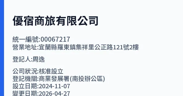 優宿商旅有限公司的照片-統編 00067217(宜蘭縣) 公司登記資料與營業項目詳細圖表