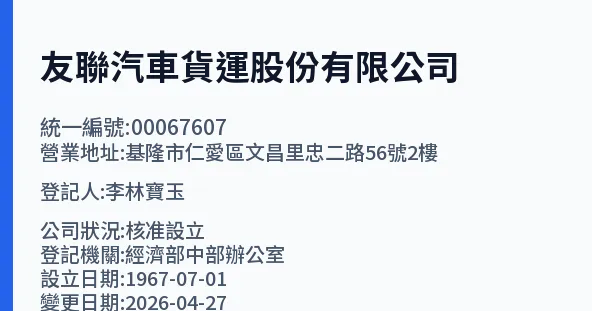 友聯汽車貨運股份有限公司的照片-統編 00067607(基隆市) 公司登記資料與營業項目詳細圖表