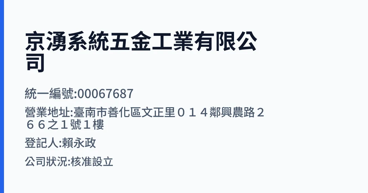 京湧系統五金工業有限公司 - 統編 00067687(臺南市) 公司登記資料與營業項目詳細圖表