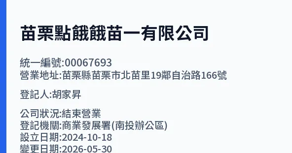 苗栗點餓餓苗一有限公司的照片-統編 00067693(苗栗縣) 公司登記資料與營業項目詳細圖表