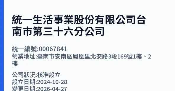 統一生活事業股份有限公司台南市第三十六分公司的照片-統編 00067841(臺南市) 公司登記資料與營業項目詳細圖表
