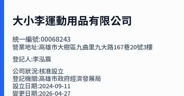 大小李運動用品有限公司的照片-統編 00068243(高雄市) 公司登記資料與營業項目詳細圖表