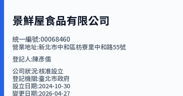 景鮮屋食品有限公司的照片-統編 00068460(新北市) 公司登記資料與營業項目詳細圖表