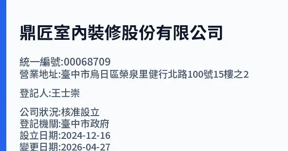 鼎匠室內裝修股份有限公司的照片-統編 00068709(臺中市) 公司登記資料與營業項目詳細圖表