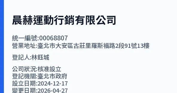 晨赫運動行銷有限公司的照片-統編 00068807(臺北市) 公司登記資料與營業項目詳細圖表