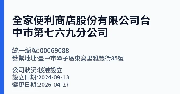 全家便利商店股份有限公司台中市第七六九分公司的照片-統編 00069088(臺中市) 公司登記資料與營業項目詳細圖表