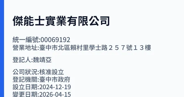 傑能士實業有限公司的照片-統編 00069192(臺中市) 公司登記資料與營業項目詳細圖表