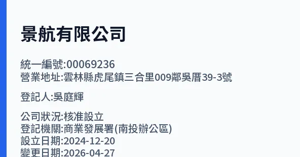 景航有限公司的照片-統編 00069236(雲林縣) 公司登記資料與營業項目詳細圖表