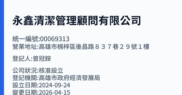 永鑫清潔管理顧問有限公司的照片-統編 00069313(高雄市) 公司登記資料與營業項目詳細圖表