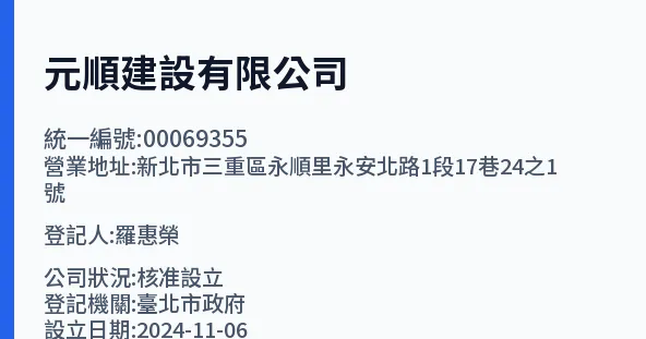 元順建設有限公司的照片-統編 00069355(新北市) 公司登記資料與營業項目詳細圖表